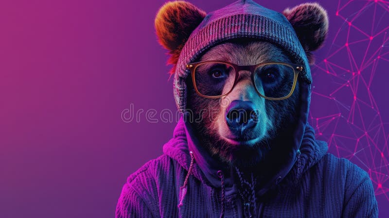 Bear Programmer in Hoodie on the Violet Night Background . Copy Space ...