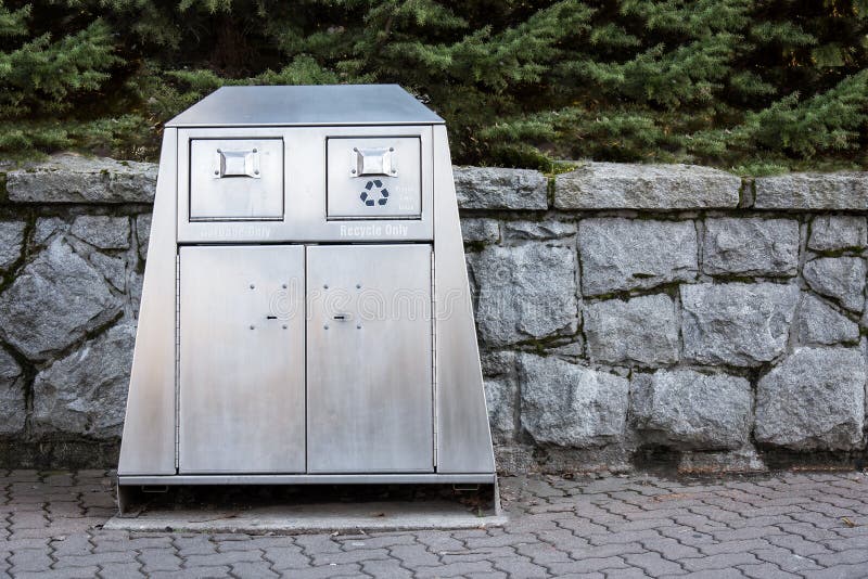 Bear Proof Garbage Bin with Recycling Stock Image - Image of stone ...