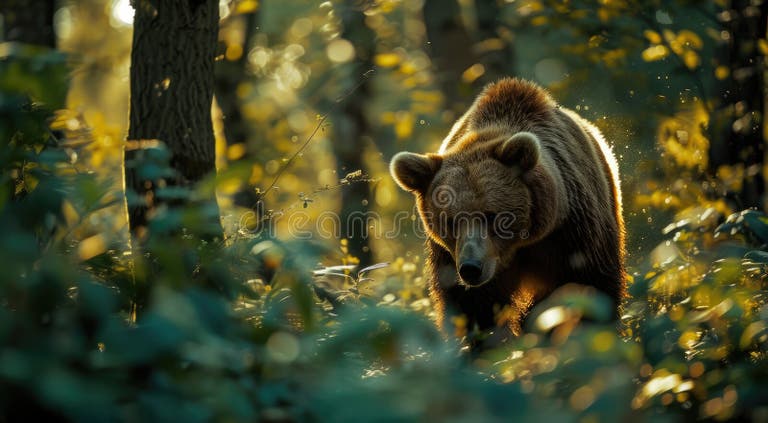 Bear Prowling through the Forest, Intense Focus Stock Image - Image of brown, evening: 325370021