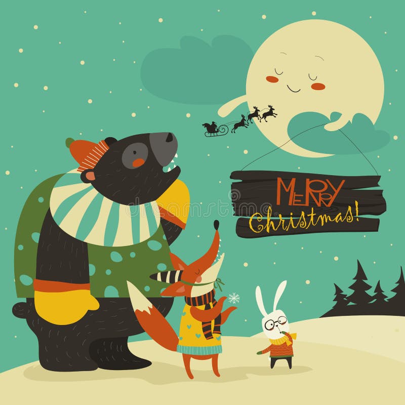 Bear,rabbit and Fox Watching the Moon Stock Vector - Illustration of ...