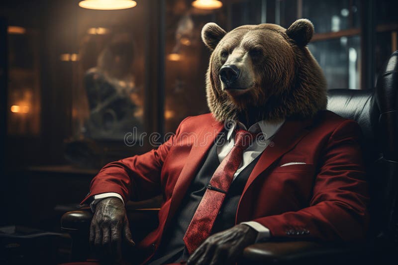 A Bear in a Red Jacket Sitting at a Desk. Negative Trading Concept ...