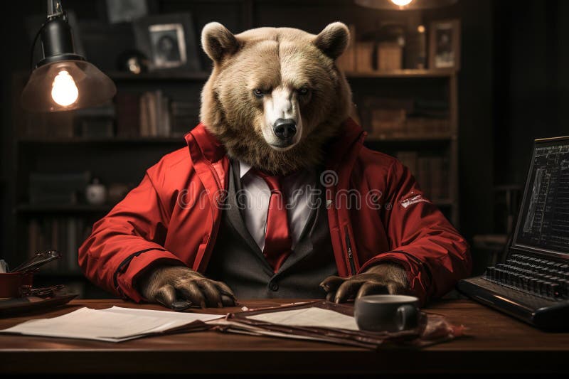 A Bear in a Red Jacket Sitting at a Desk. Negative Trading Concept ...
