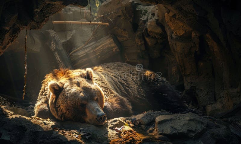 Bear Resting in a Cave, Dappled Sunlight Stock Image - Image of ...