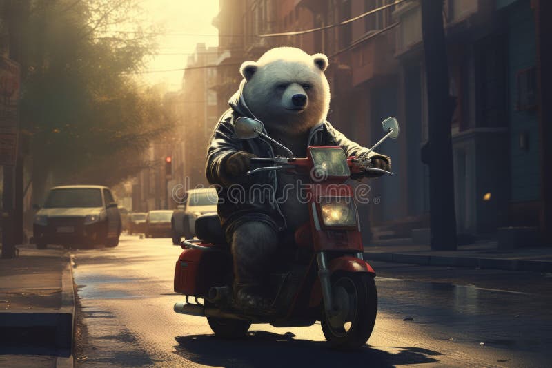 Bear Rides a Scooter on a City Sidewalk Stock Illustration ...