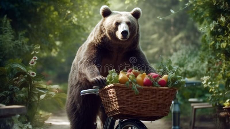 A Bear Riding a Bicycle in a Forest with Lush Green. Generative AI ...