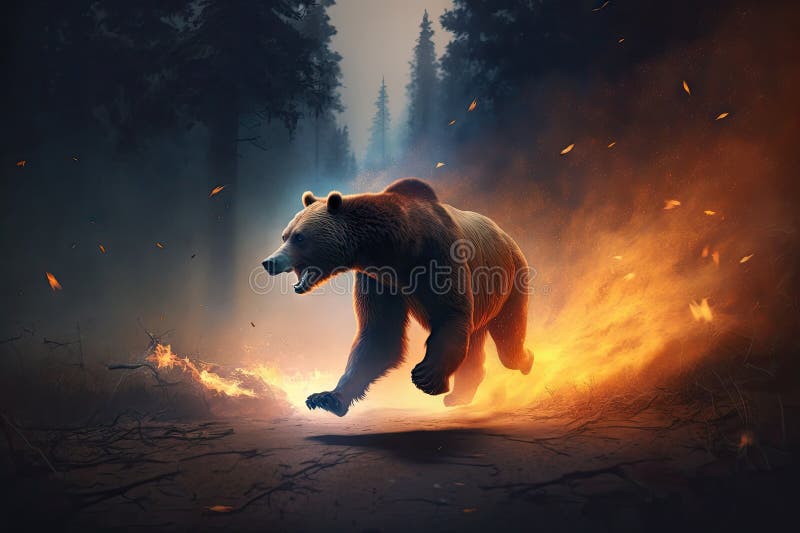 Bear Running from Burning Forest, Escaping the Flames Stock Image ...