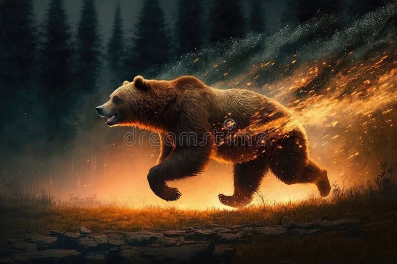 Bear, Running from Burning Forest, with Flames and Smoke in the ...