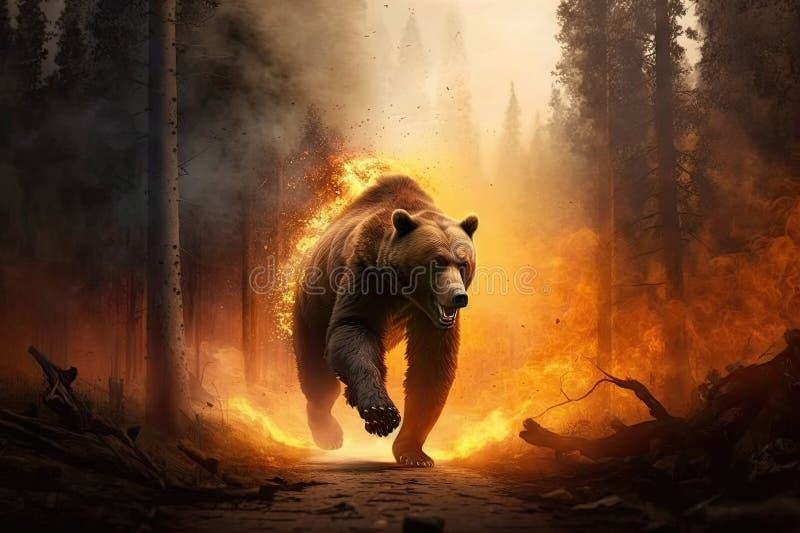 Bear Running Away from Burning Forest, with Flames and Smoke in the ...