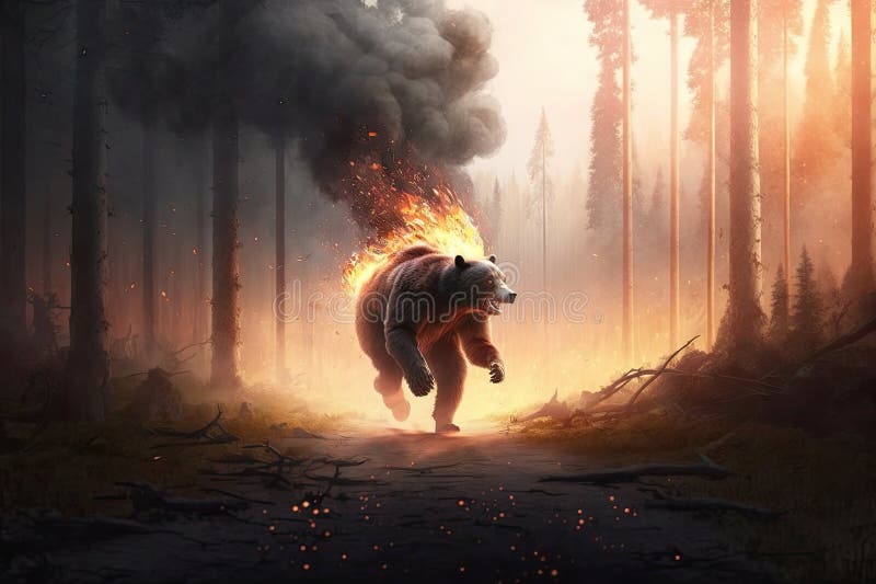 Bear Running Away from Burning Forest, with Flames and Smoke in the ...