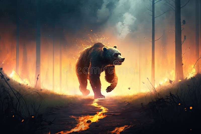 Bear Running through Burning Forest, Flames and Smoke Enveloping Its ...