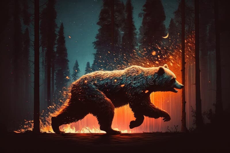 Bear, Running from Burning Forest and into the Night Sky Stock Image ...