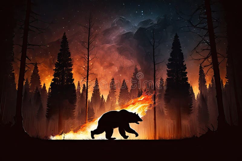 Bear, Running from Burning Forest and into the Night Sky Stock Image ...