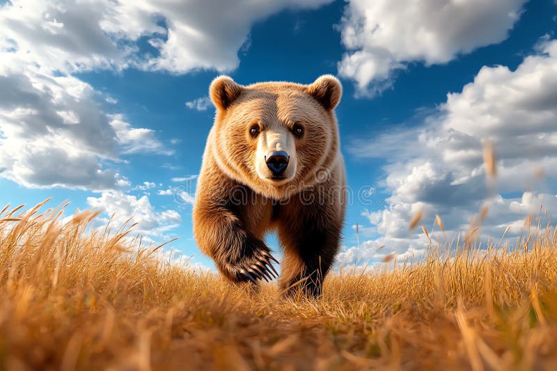 A Bear Running through a Field of Tall Grass, with the Wind Blowing and ...