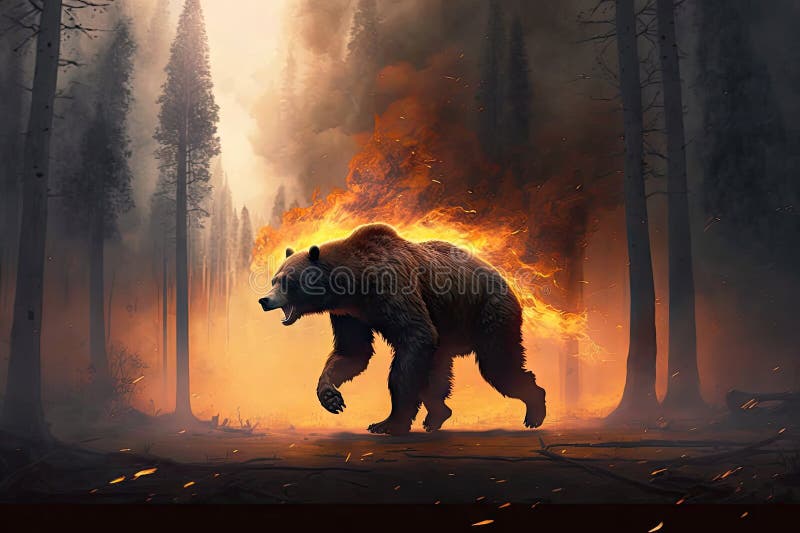 Bear, Running from Fire and Smoke, with Forest in Flames Behind it ...