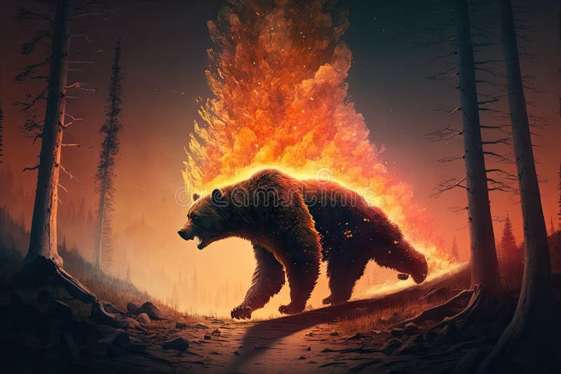 Bear, Rushing Past Burning Tree, Escaping from Forest Fire Stock Photo ...