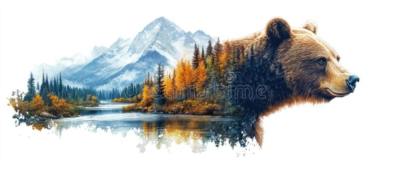A Bear S Head with a Mountain and Lake Scene Inside Stock Illustration ...