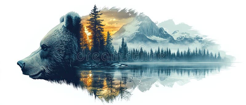 Bear Silhouette Over Mountain Lake at Sunset Stock Illustration ...