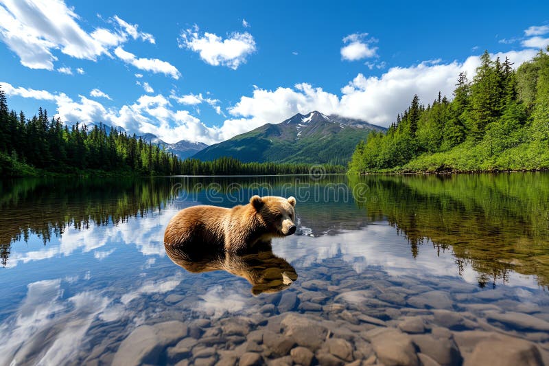 A Bear S Reflection in a Calm, Clear Lake, with the Forest and Sky ...