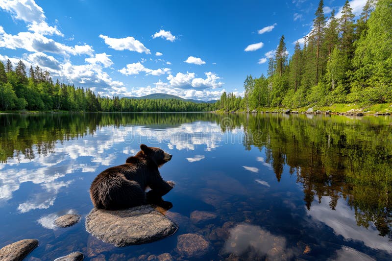 A Bear S Reflection in a Calm, Clear Lake, with the Forest and Sky ...