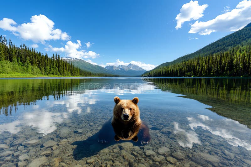 A Bear S Reflection in a Calm, Clear Lake, with the Forest and Sky ...