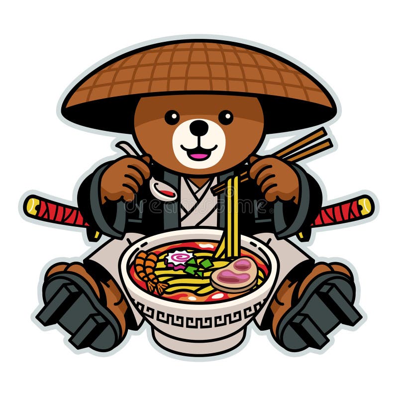 Bear Samurai Character Eating Ramen Noodle Stock Vector - Illustration ...