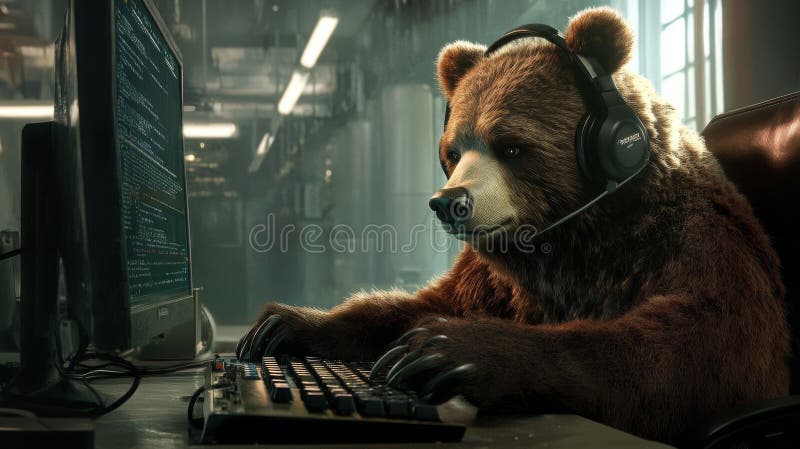 Bear in a Futuristic Setting Working on Computer Coding with Focus Stock Photo - Image of ...