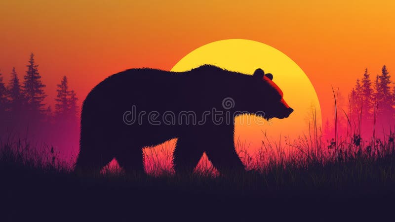 Bear Silhouette Against a Vibrant Sunset in the Forest Stock Photo ...