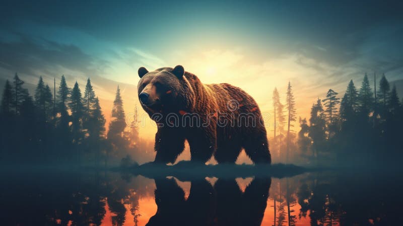 Bear Silhouette and Forest Sunrise in Double Exposure. Generative Ai Stock Illustration ...