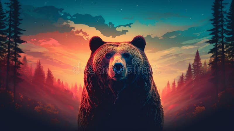 Bear Silhouette and Forest Sunrise in Double Exposure. Generative Ai Stock Illustration ...