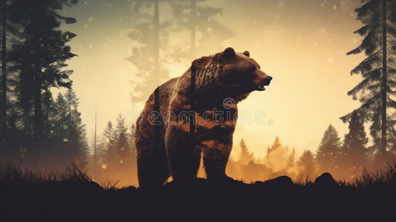 Bear Silhouette and Forest Sunrise in Double Exposure. Generative Ai Stock Illustration ...