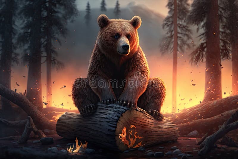 Bear Sits on Fallen Tree Trunk, Surrounded by Flames Stock Photo ...
