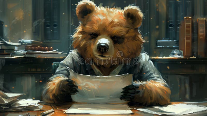 A Bear Sitting at a Desk Reading Papers and Holding a Pen, AI Stock ...