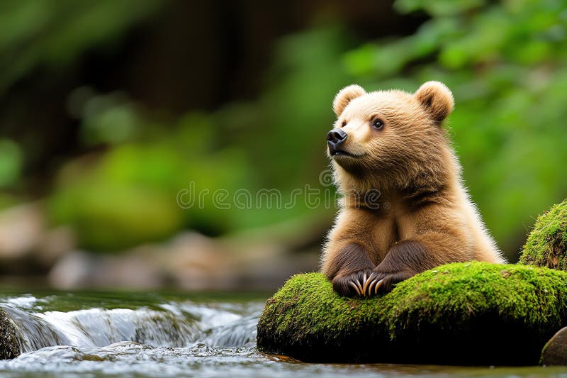 A Bear Sitting by a Stream in a Forest, Peacefully Watching the Water ...