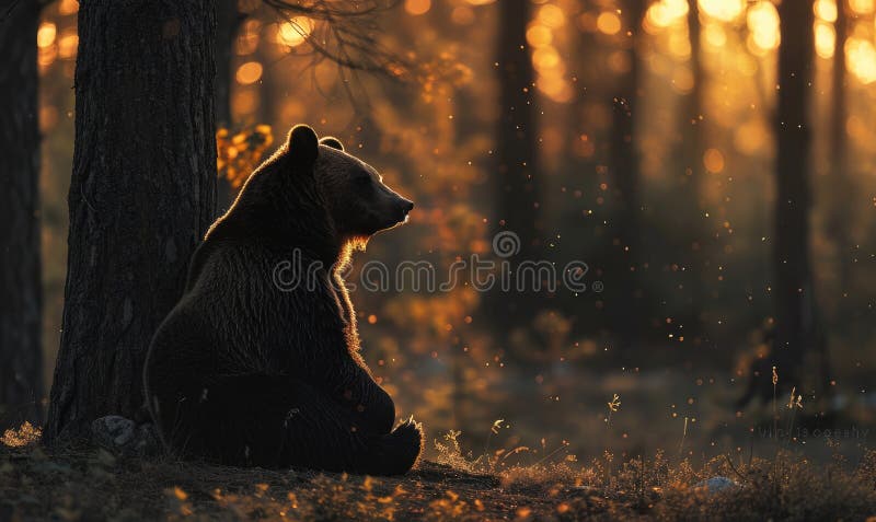 Bear Sitting by a Tree Overlooking the Forest Stock Illustration ...