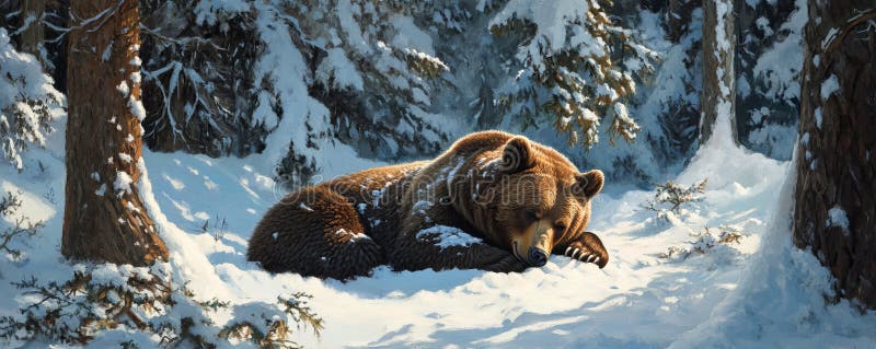 Bear Sleeping in Snowy Forest, Peaceful Winter Scene Stock Image ...