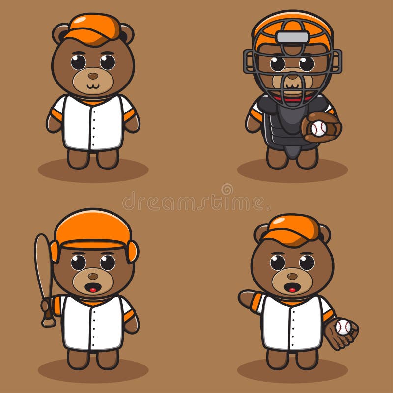 Cute Character Cartoon of Bear Baseball Set. Stock Vector ...