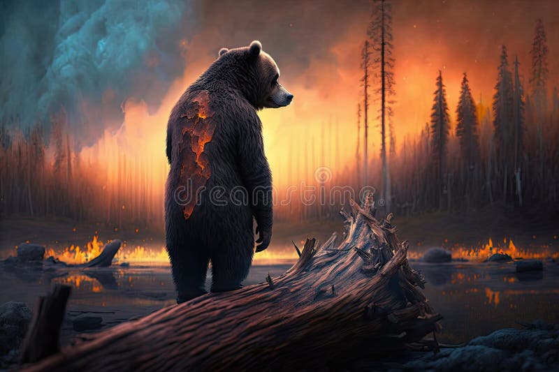 Bear, Standing on Burnt Tree Trunk, Looking at Distant Fire Stock Photo ...