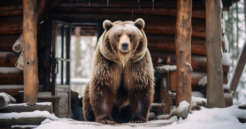 A Bear Standing in a Snow Covered Cabin Stock Image - Image of taiga ...