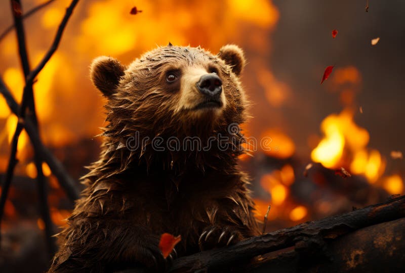 Bear Standing on Tree Against Fire Wildlife Scene Stock Image - Image ...