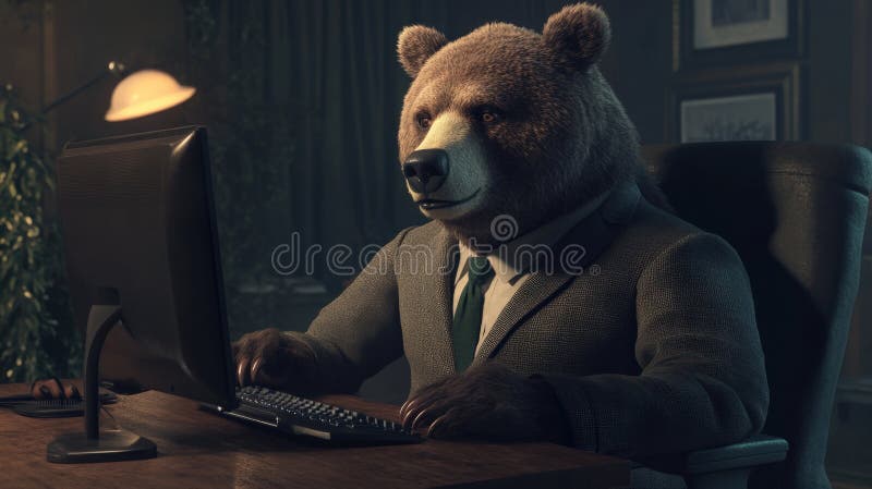 Bear in a Suit Working at a Computer in an Office Environment Stock ...