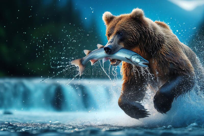 Bear is Swimming in River with a Fish in Its Mouth Stock Image - Image ...