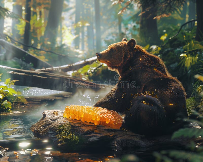 A Bear Takes a Break Sitting by a Babbling Brook, a Slab of Honeycomb ...