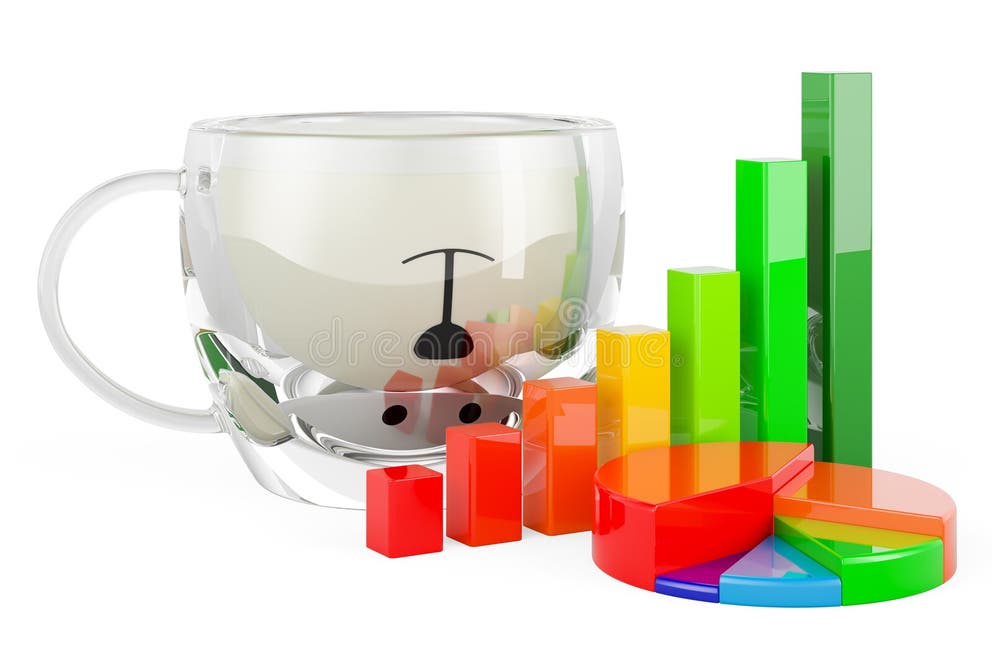 Bear Tea Cup Full of Milk with Growth Bar Graph and Pie Chart. 3D ...