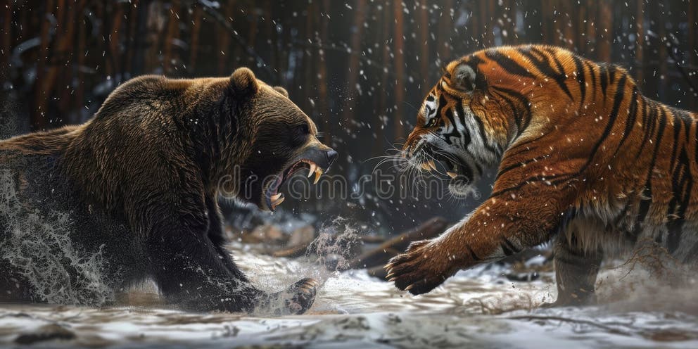 Bear and Tiger in a Dramatic Standoff. Created by Generative Artificial ...