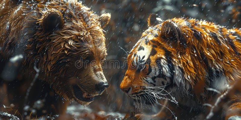 The Bear and the Tiger Encounter in Rain. Created by Generative ...