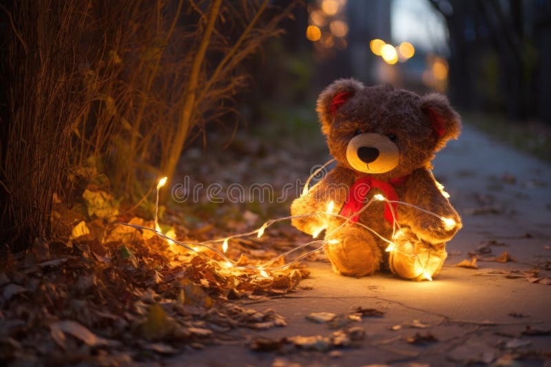 Bear Toy on a Park Path Illuminated by String Lights Stock Photo ...
