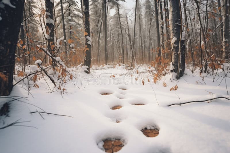 Bear Tracks Leading into a Snowy Forest Thicket Stock Photo - Image of ...
