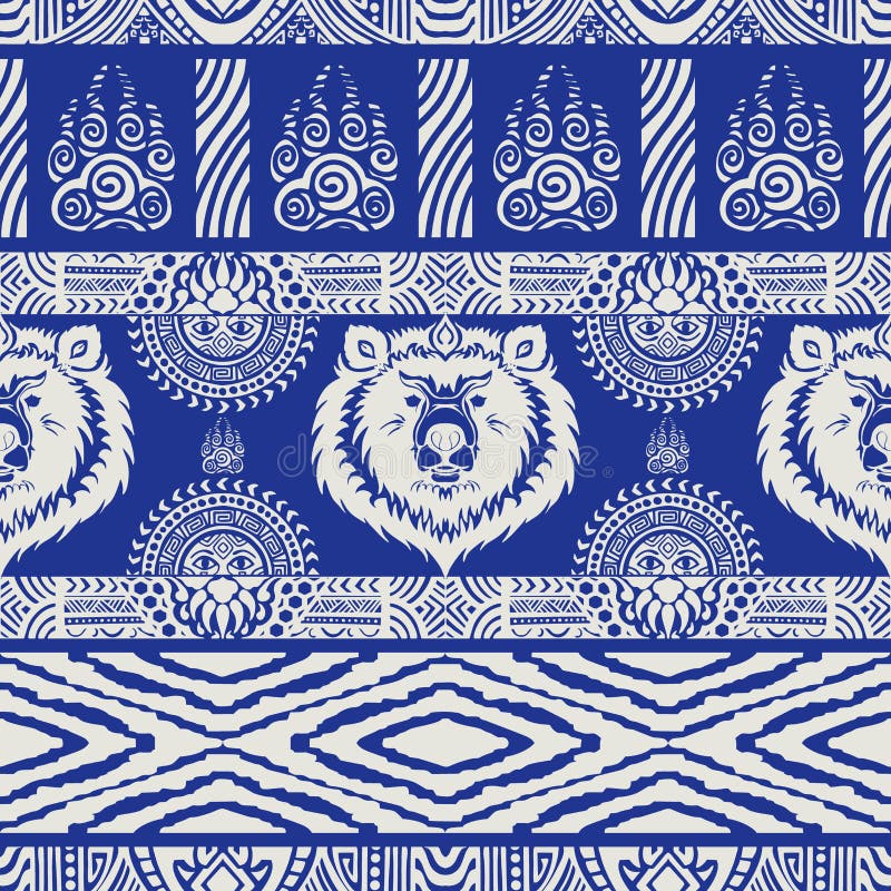 Bear Tribe Pattern Seamless Design with Indigo Blue Porcelain Stock ...