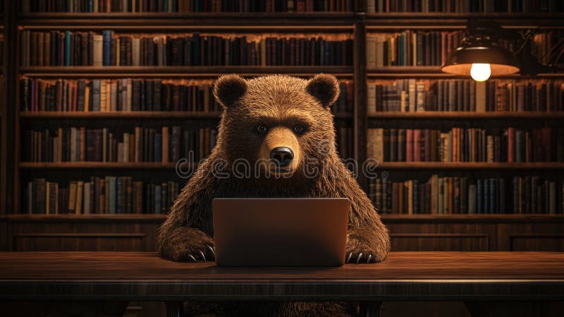 A Bear Typing on a Laptop in a Library Creates a Cozy and Surreal Work ...