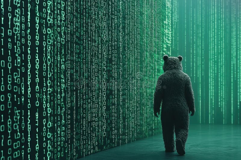 Bear Walking through Digital Matrix of Green Binary Code Stock Photo ...